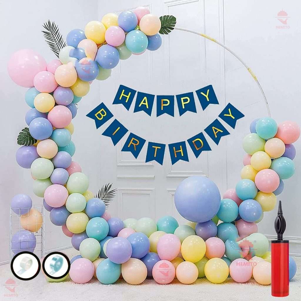 56 pc Pastel Balloons Birthday Banner,Arc,Glue Dot Knot Tool & Flower ...